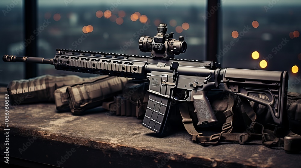 Detailed view of a tactical rifle with scope and accessories on a ...
