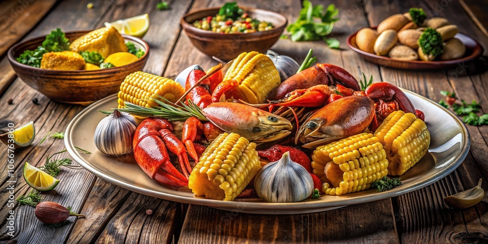 Vintage Clambake Feast on Plate - Delicious Seafood, Rustic ...