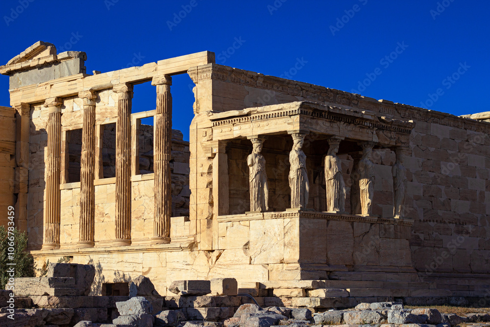 Portico of the Caryatids of the Erechtheum temple. This is ancient ...