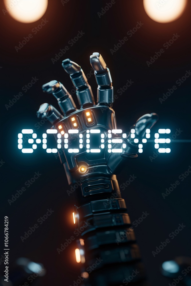 Cybernetic Farewell: A mechanical hand reaches out, fingers extended ...