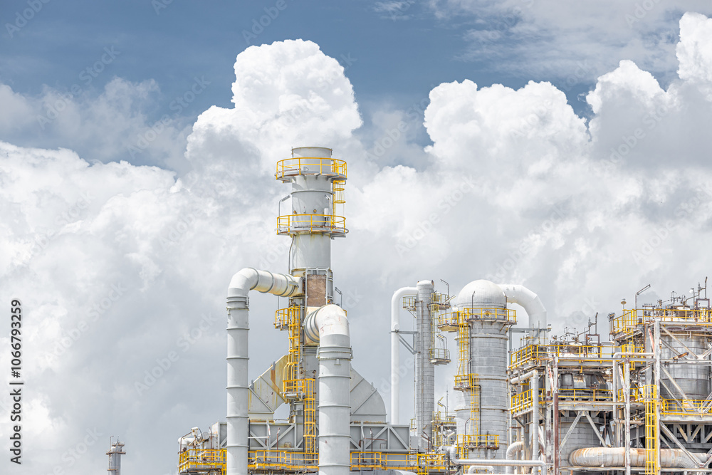 Oil petroleum refinery plant building distillation columns tower ...