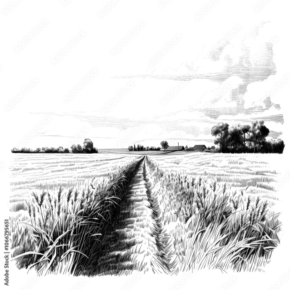 Black and white outline drawing of meadow landscape with ink or simple ...