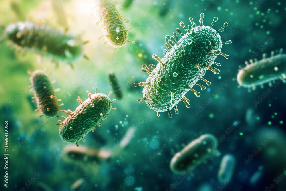 Foto de Stock Microscopic view of green microbiotic cells in a lab ...