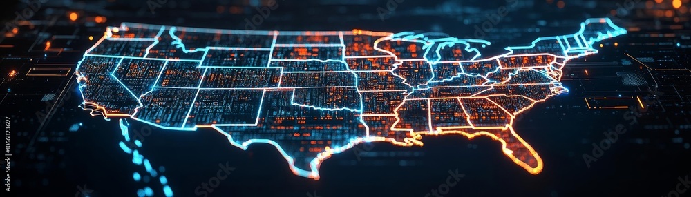 High-tech USA map, state borders illuminated, connected nodes for ...