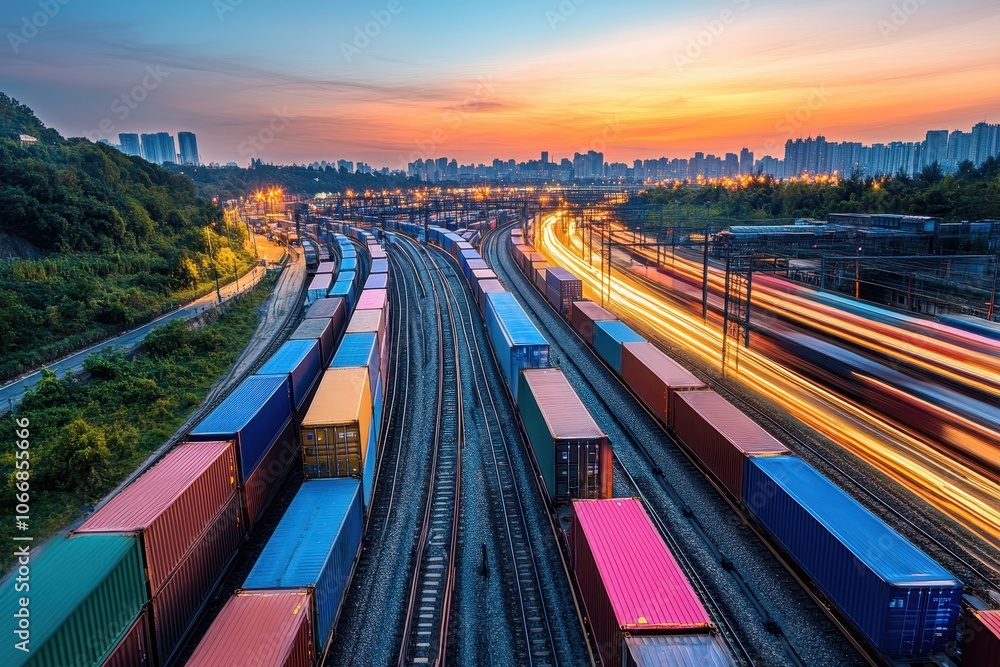 Freight trains on railway tracks. This photo depicts the transport of ...