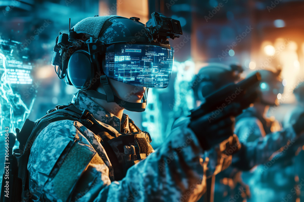 A futuristic VR combat training session, with soldiers in digital gear ...