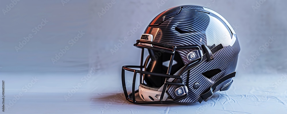 A football helmet with a rugged carbon fiber texture positioned on a ...