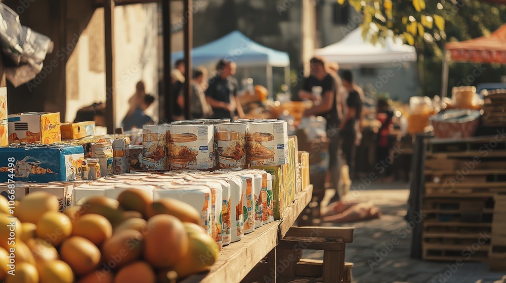 Volunteers organize food items, including canned goods and fresh fruits ...