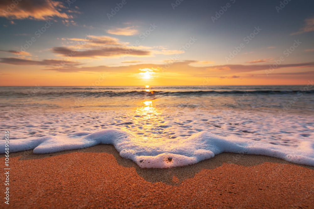 Beautiful sunrise over the sea waves and tropical beach, beautiful ...