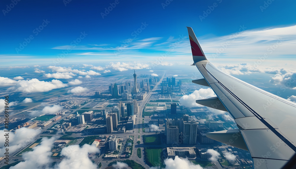 Aerial view of a city from a plane through the clouds. Vertical format ...