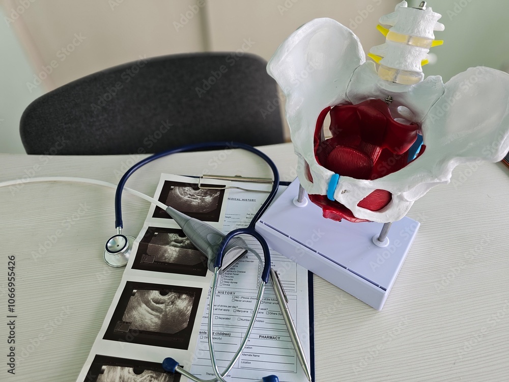 Anatomy model of the human pelvis alongside medical documents and ...