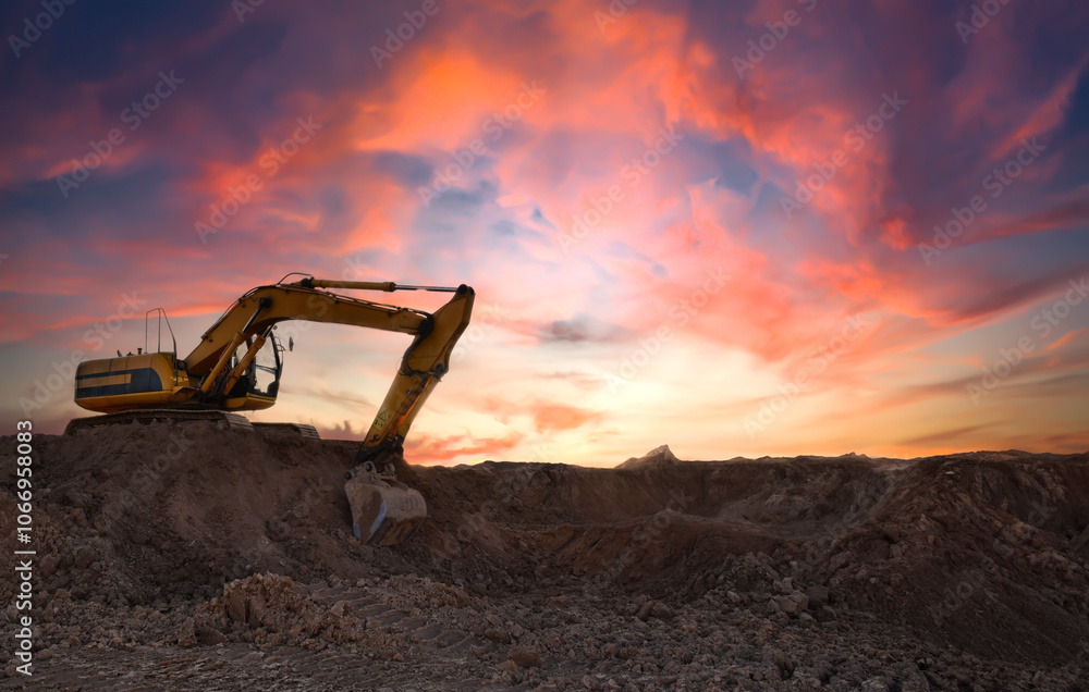 Excavator on sunset background. Open-pit mining. Backhoe dig ground in ...