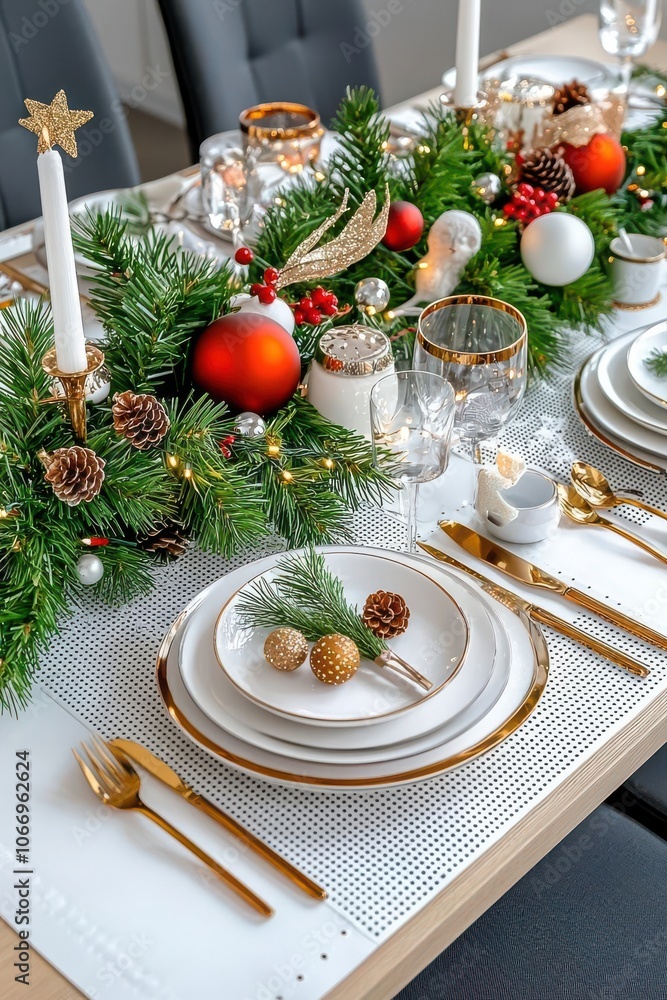 Festive holiday dining setup with elegant plates, gold cutlery, and a ...