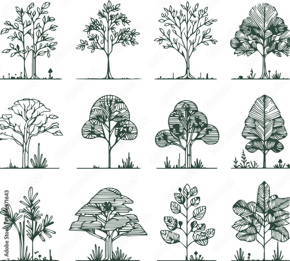 Minimal style cad tree line drawing, Side view, set of graphics trees elements outline symbol ...