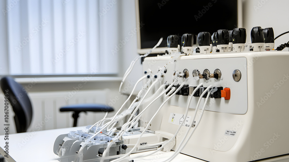 Close-up of Neurological Testing Equipment, EEG Machine with Electrodes ...