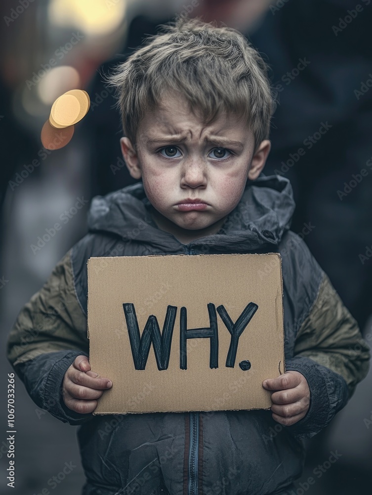 Young boy is holding a cardboard sign that says "Why?" with a sad ...