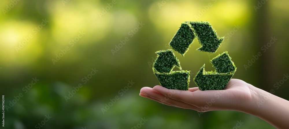 Hand holding reduce reuse recycle symbol on green bokeh background for ...