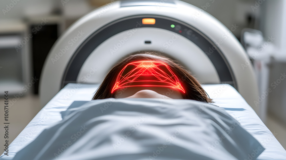 Neurological testing equipment: MRI scanner with a patient lying down ...