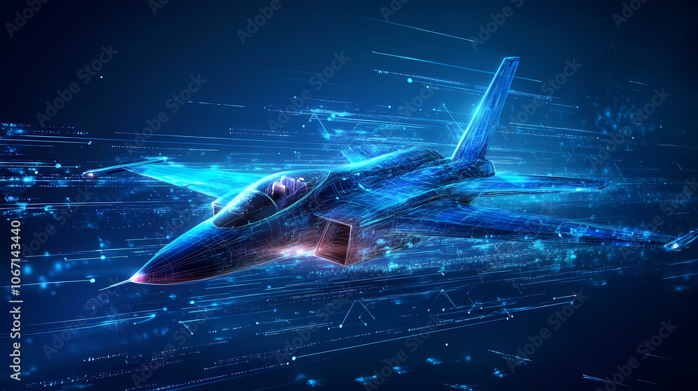 Abstract futuristic fighter jet with glowing blue lines on a digital ...
