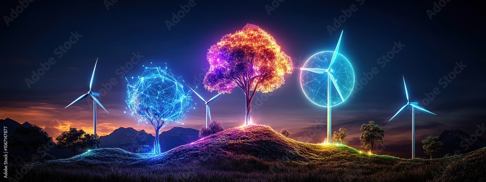 Animated vertical bar graph with glowing neon energy data, windmills ...