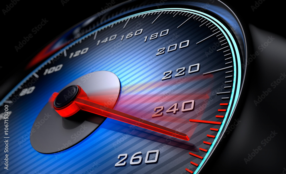 Dark stylish speedometer with blue light and red needle moving to 260 ...
