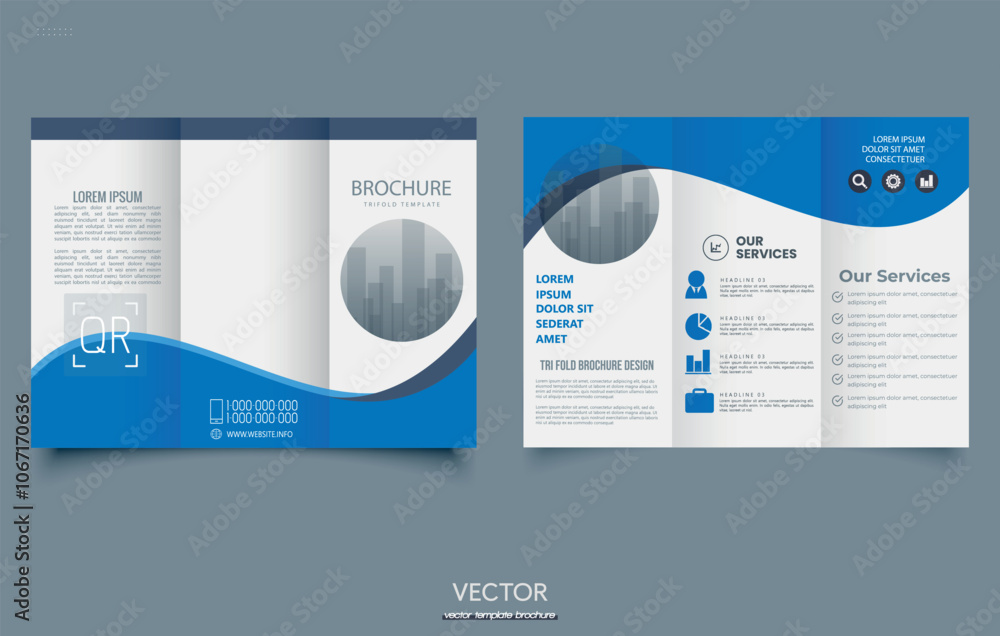 Trifold brochure with blue waves. Tri-fold brochure, print ready ...
