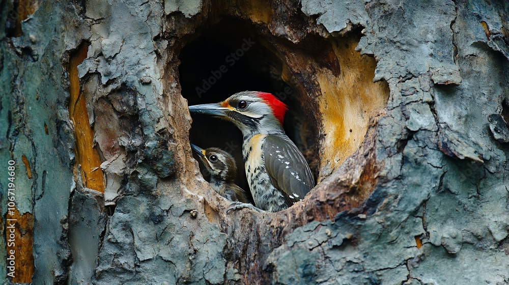 Adult woodpecker with baby in tree hollow nest, showcasing natural ...