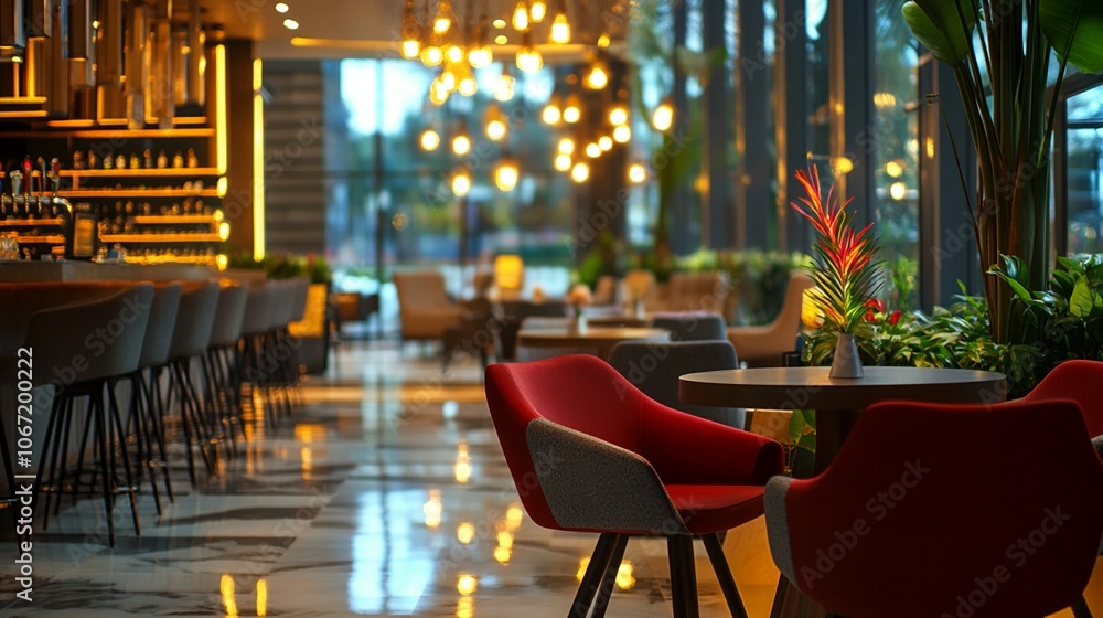 Elegant restaurant interior with warm lighting, red armchairs, and a ...