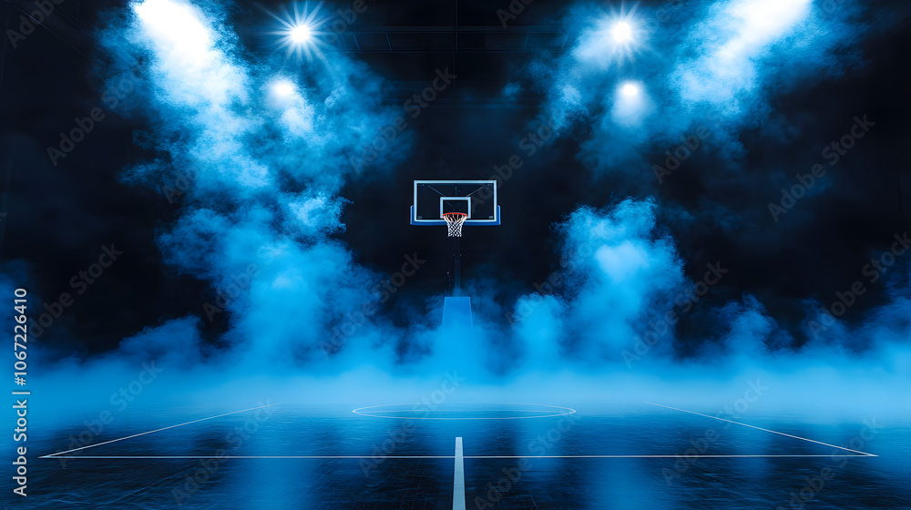 Moody basketball court with illuminated hoop surrounded by dramatic ...