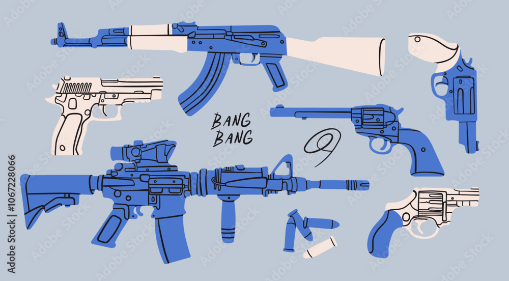 Various blue Guns set. Pistol, assault rifle, revolver, bullets ...