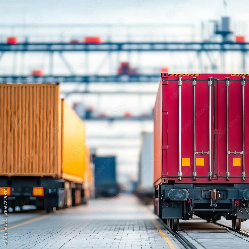 Freight train and trucks at distribution center, multimodal transport ...