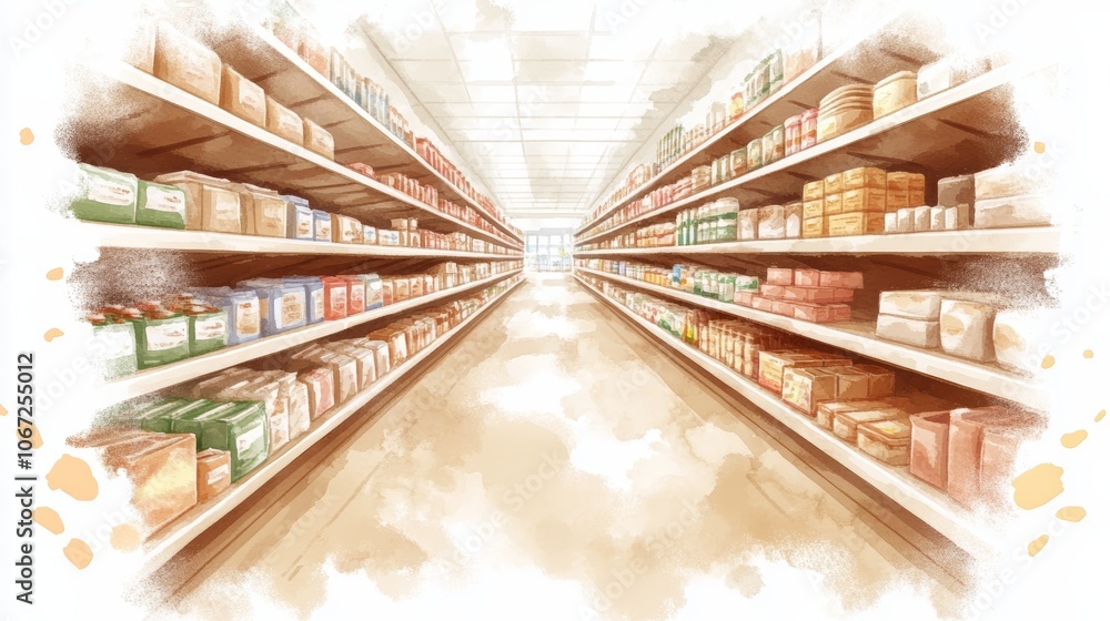 Watercolor sketch of a grocery store aisle, serene depiction of retail ...