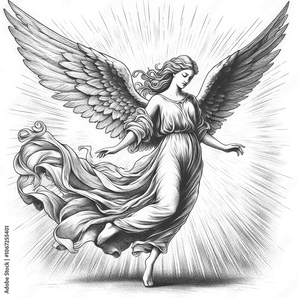 graceful angel with flowing robes and outstretched wings, capturing a ...
