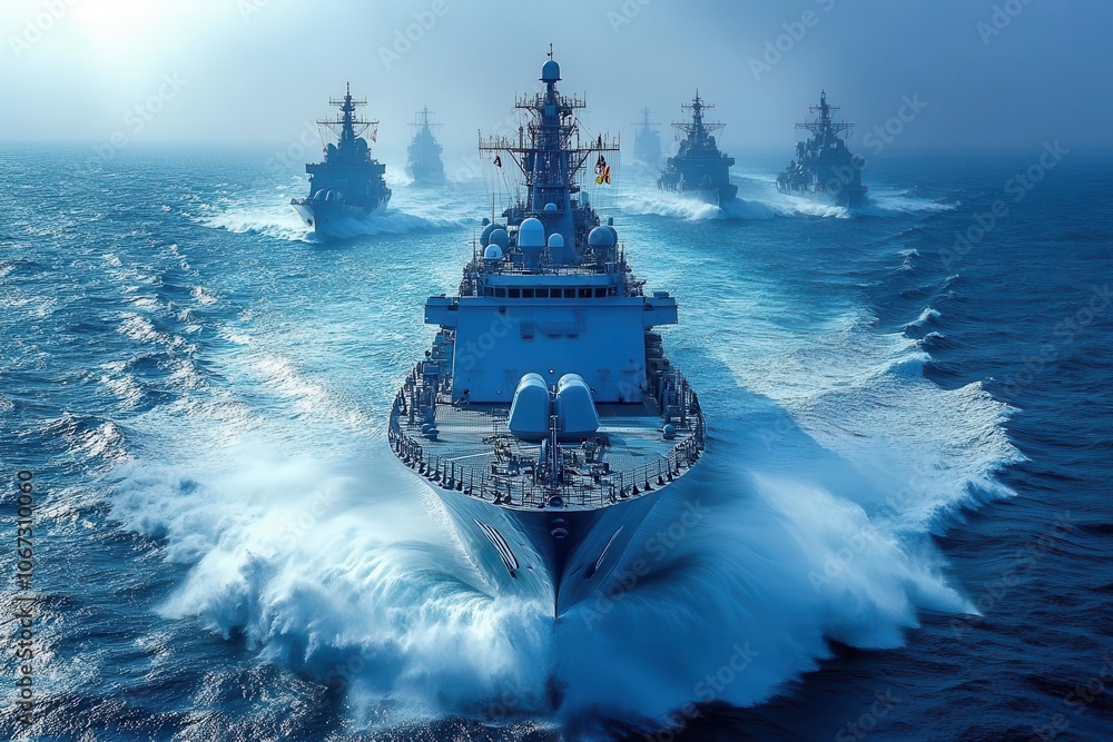 military ships sailing in formation at sea representing strength and ...