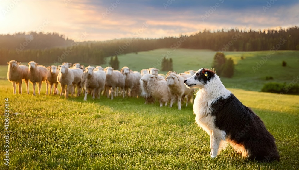 nature farm a border collie dog guards a flock of sheep, grass field ...