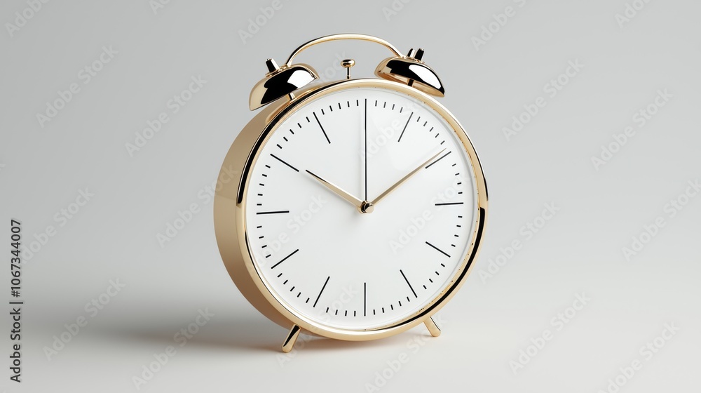 A stylish gold alarm clock with a white face and black markings ...