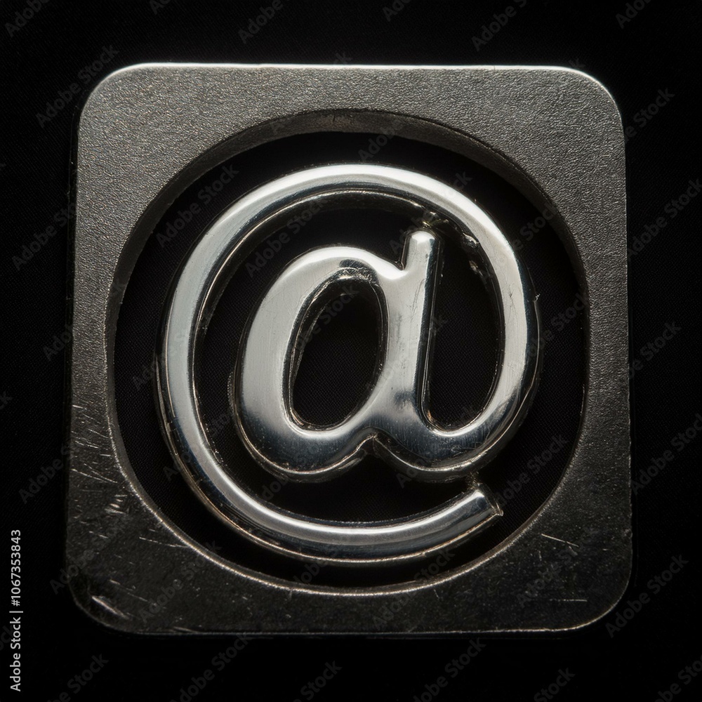 Steel metallic @ sign with decorated frame on black background isolated ...