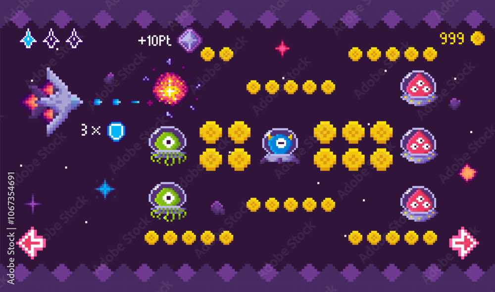 Spaceship attacking aliens in pixel art arcade game. Various enemies ...