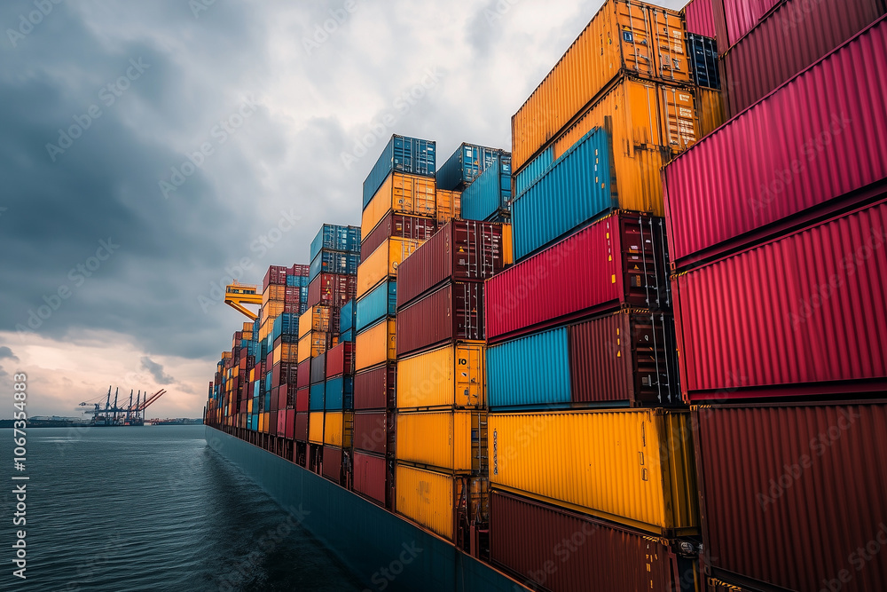 Selective focus side view container cargo freight ship with stack of ...