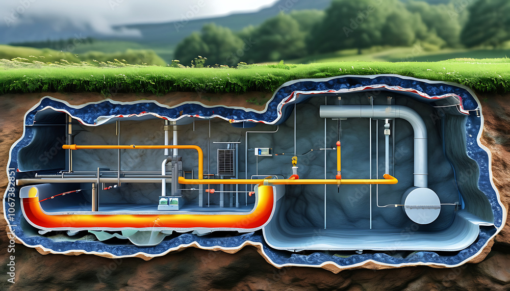 Underground geothermal system with pipes and water flow illustration Stock Photo | Adobe Stock