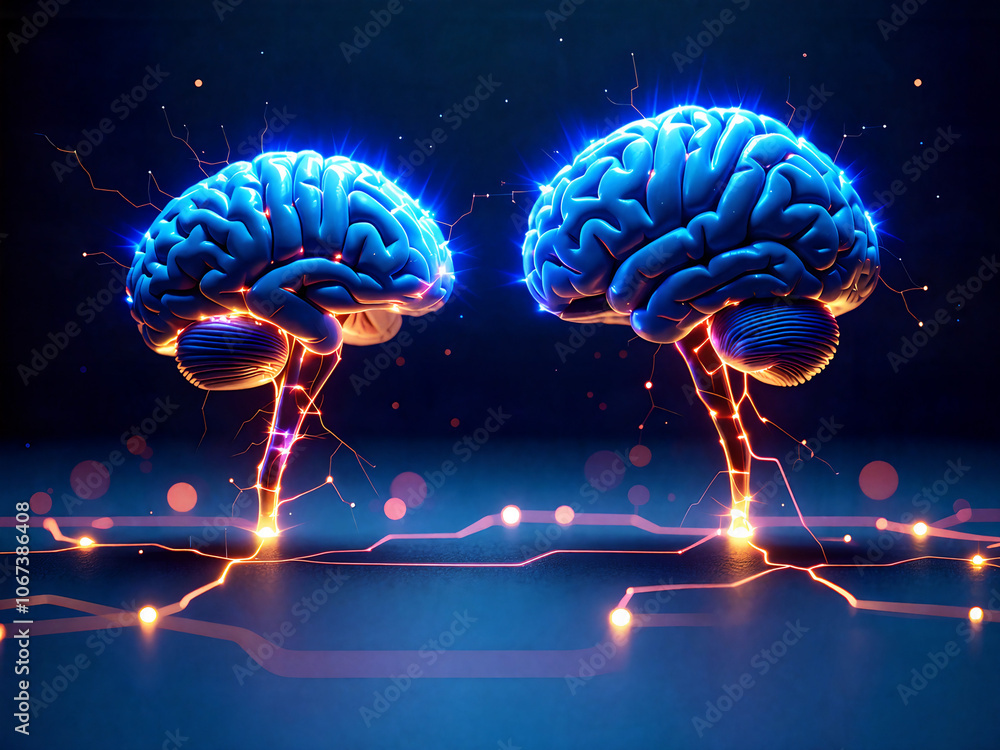 A futuristic 3D illustration of two brains connected by glowing neural ...