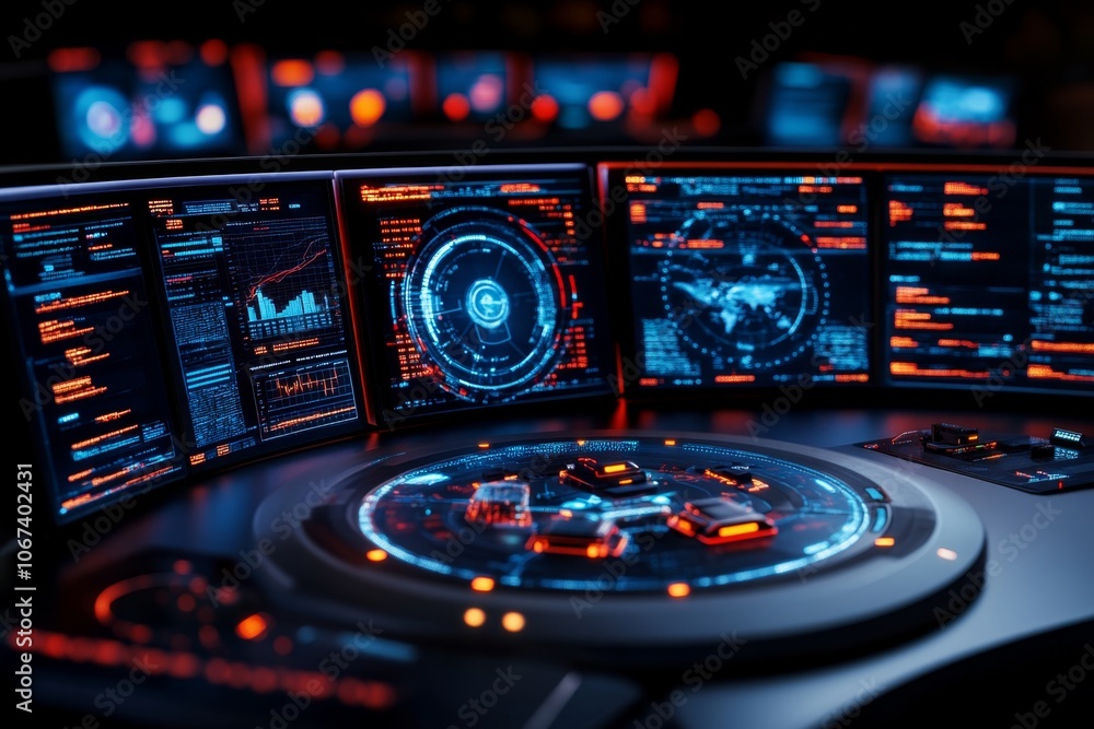 Cyberpunk-inspired scene of a digital command center with neon-lit ...