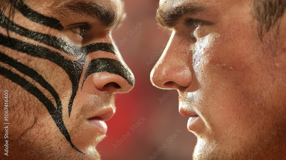 Maori men performing a Hongi, touching noses and foreheads as a ...