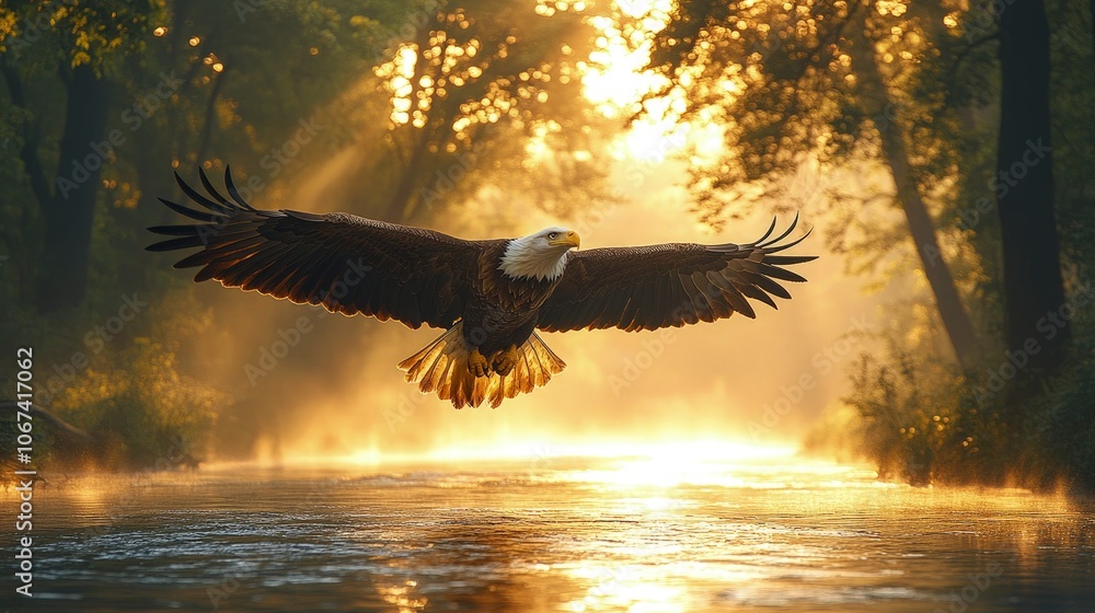 Powerful bald eagle flying low over a river in a dense forest, early ...