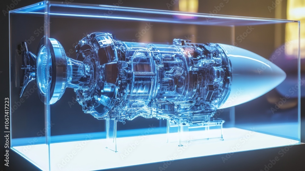 Transparent light box showcasing detailed rocket engine with soft beams ...