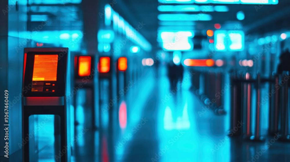 High-tech airport security checkpoint with glowing lights and blurred ...
