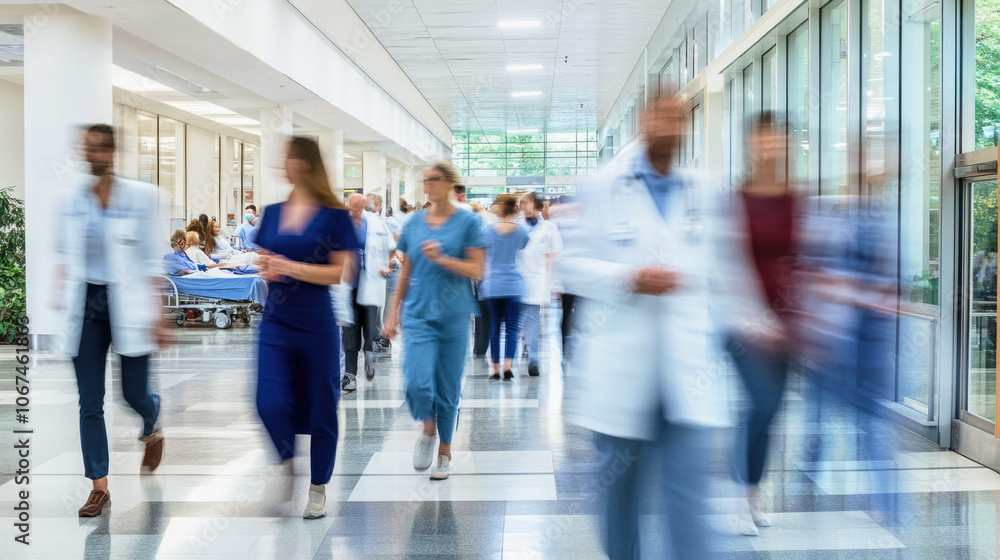 Busy hospital hallway filled with medical staff and patients rushing ...