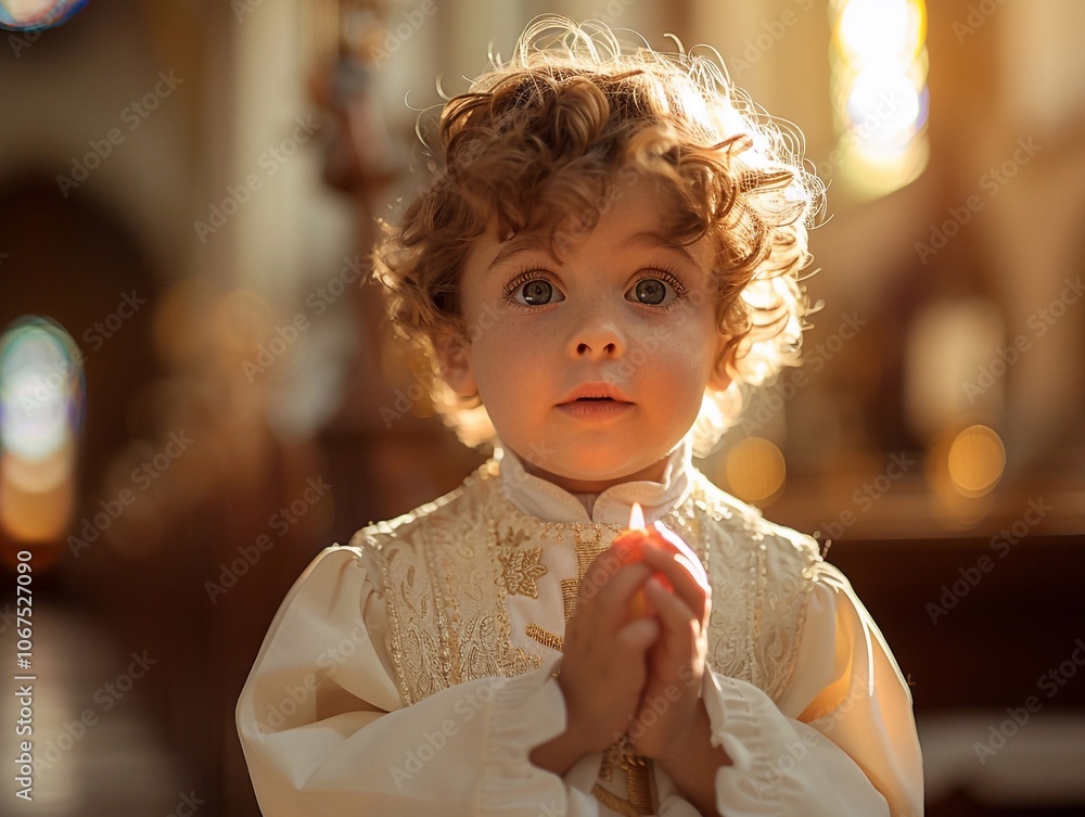 Little kid boy receiving his first holy communion. Happy child holding ...