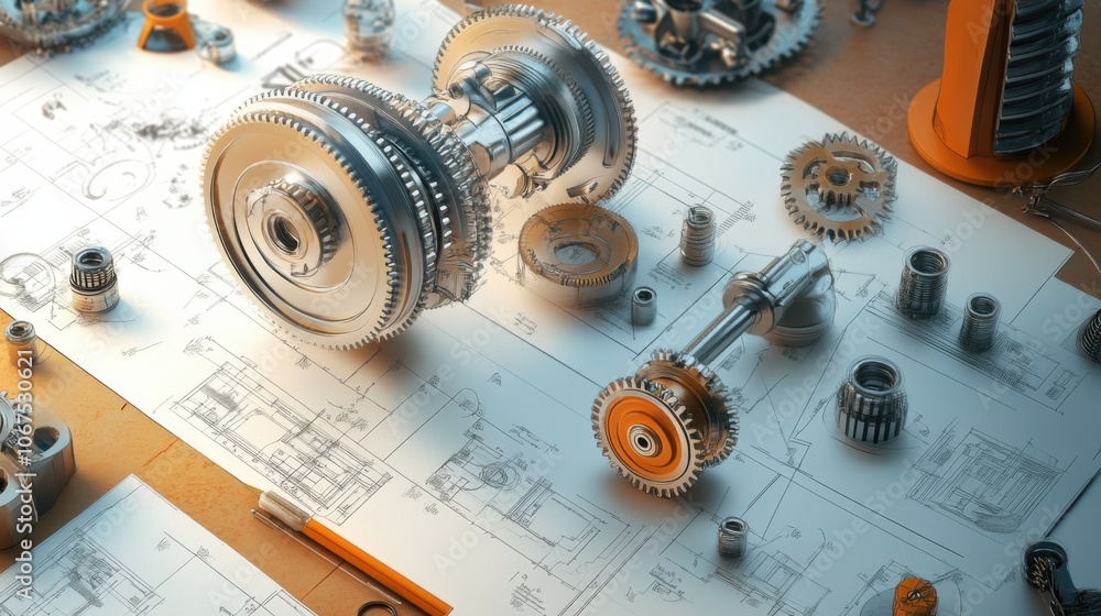 Mechanical design illustration, featuring gears, blueprints, and 3D ...