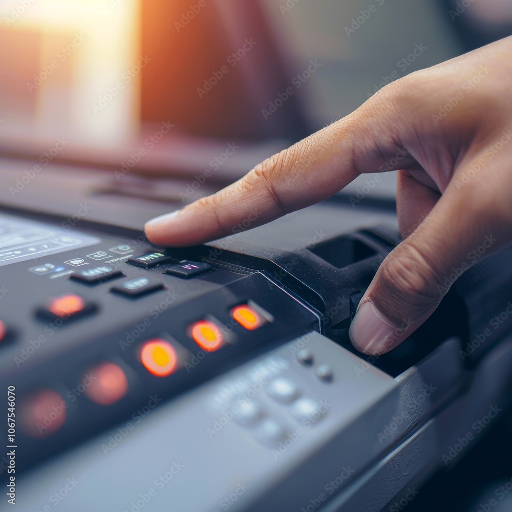 Bussiness man Hand press button on panel of printer, printer scanner laser office copy machine ...